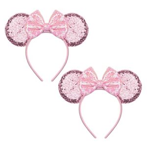 zytj 2 pcs mouse ears headbands,shiny bows mouse ears headbands for birthday parties, themed events, a perfect addition to your trip essentials and accessories for women allpink