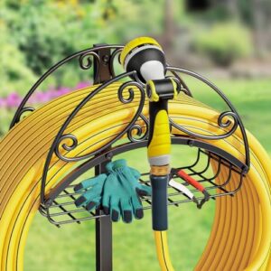 Helhom Garden Hose Holder Freestanding, Water Hose Holders with Storage Basket Detachable Garden Hose Stand Heavy Duty for Outside Lawn Yard