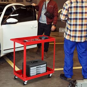 TUFFIOM 2 Tier Rolling Tool Cart, 220 LBS Capacity Industrial Service Cart w/Wheels, 2 Shelf Steel Utility Cart, Tool Storage Organizer for Mechanic, Garage, Workshop, Warehouse & Repair Shop, Red