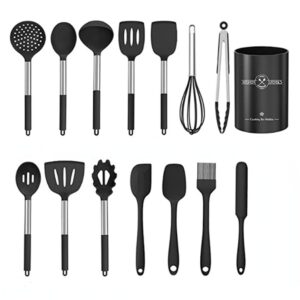 dmfc kitchen utensils set 15 pieces kitchenware supplies set silicone stainless steel handle cooking nonstick pot high temperature resistant spatula spoon kitchenware. (black)