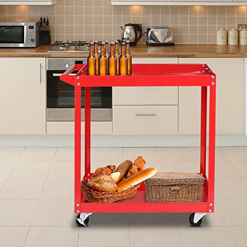 TUFFIOM 2 Tier Rolling Tool Cart, 220 LBS Capacity Industrial Service Cart w/Wheels, 2 Shelf Steel Utility Cart, Tool Storage Organizer for Mechanic, Garage, Workshop, Warehouse & Repair Shop, Red