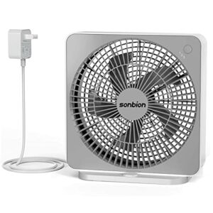 sonbion small window fan, 10 inch box fan, quiet electric fan with three speeds, square desk fan for home office room apartment, 1.7 lb lightweight, ac adapter plug powered, one button control fan