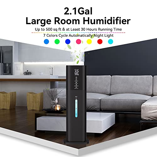 Humidifiers Large Room Bedroom with 7 Colors Light, 2.1Gal(8L) 3 Speed Quiet Ultrasonic Cool Mist Humidifier with 360° Nozzle, Humidity Setting, Timer,Aroma Box for Home Plant Baby Yoga Sleep (Black)