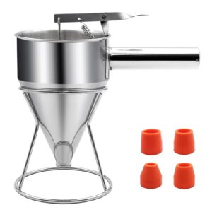 40oz pancake batter dispenser, stainless steel funnel cake dispenser with stand heavy duty baking tool for cupcake waffles cakes, caliber: 0.31"/0.47"/0.55"/0.67"