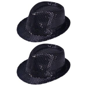 tendycoco 2pcs fashion sequin fedora hats for women men jazz hat disco-black