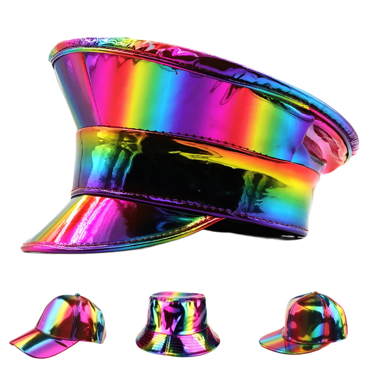 Colorful Rainbow Hat, Reflective Cap Baseball Cap, Flat Bill Hats, Captain Hat, Bucket Cap, Suitable for Sunshade, Show, Sun Protection, Banquet (Captain Hat)