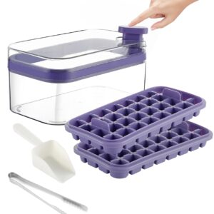 Ice Cube Trays with LId and Bin, Easy Release Ice Trays for Freezer, 2 Pack Ice Cube Molds, 64 Pcs Ice Cube Tray, Large Capacity Ice Tray Holder, Includes Ice Tong, Ice Spoon, for Whiskey, Cocktail.