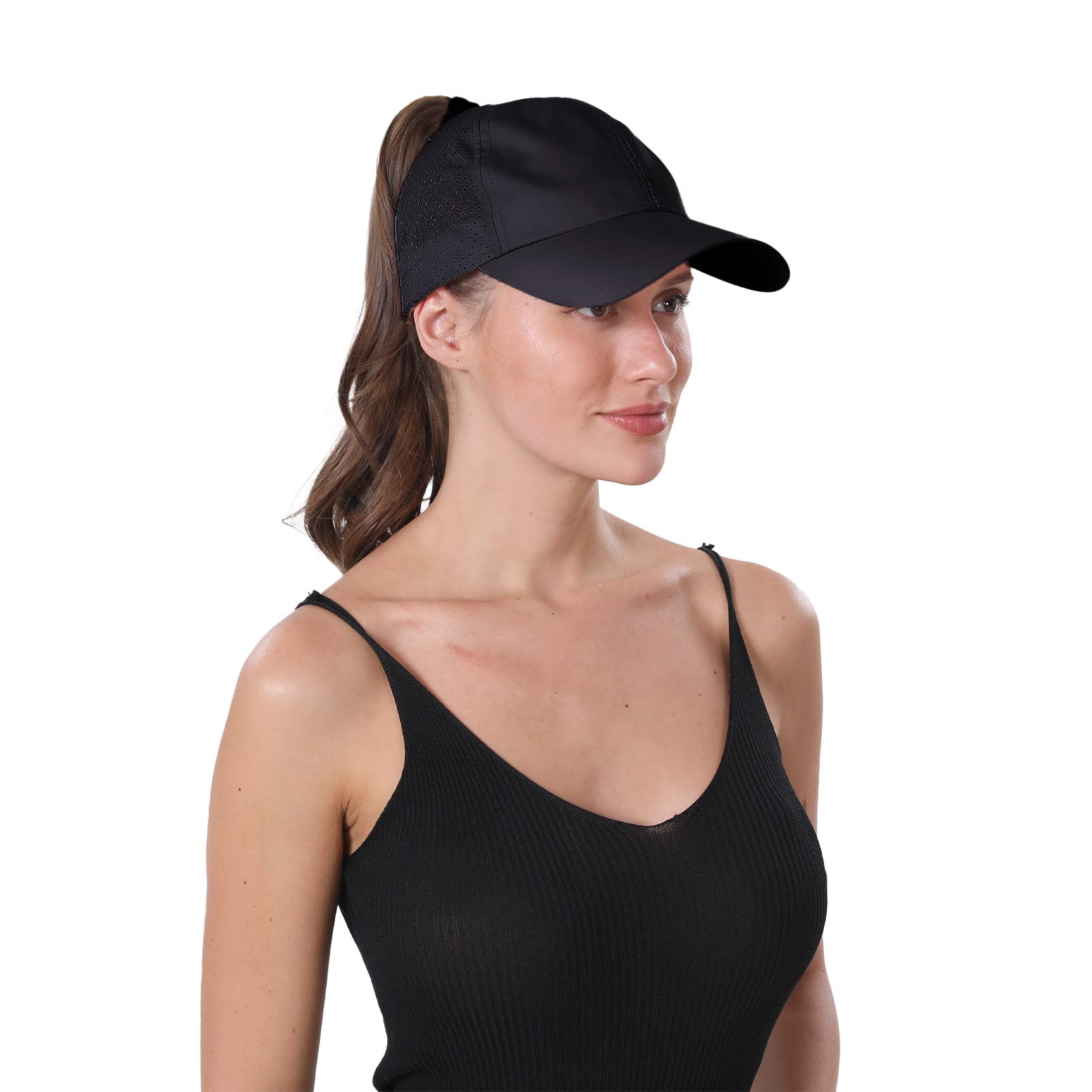 BUTITNOW New Upgraded Women Backless Baseball Cap High Ponytail Snapback Curl Caps Adjustable High Messy Bun Ponycap Black