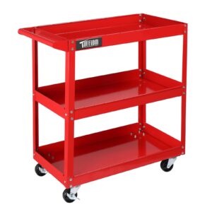 tuffiom 3 tier rolling tool cart, 330 lbs capacity, red, 3 shelves steel utility cart for garage, workshop, warehouse & repair shop