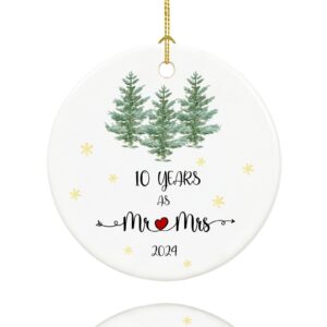 10th tin anniversary 2024, 10 year anniversary mr and mrs gifts for couple, 10th wedding anniversary for husband wife, 2.9" ceramic 10th anniversary keepsake christmas decoration