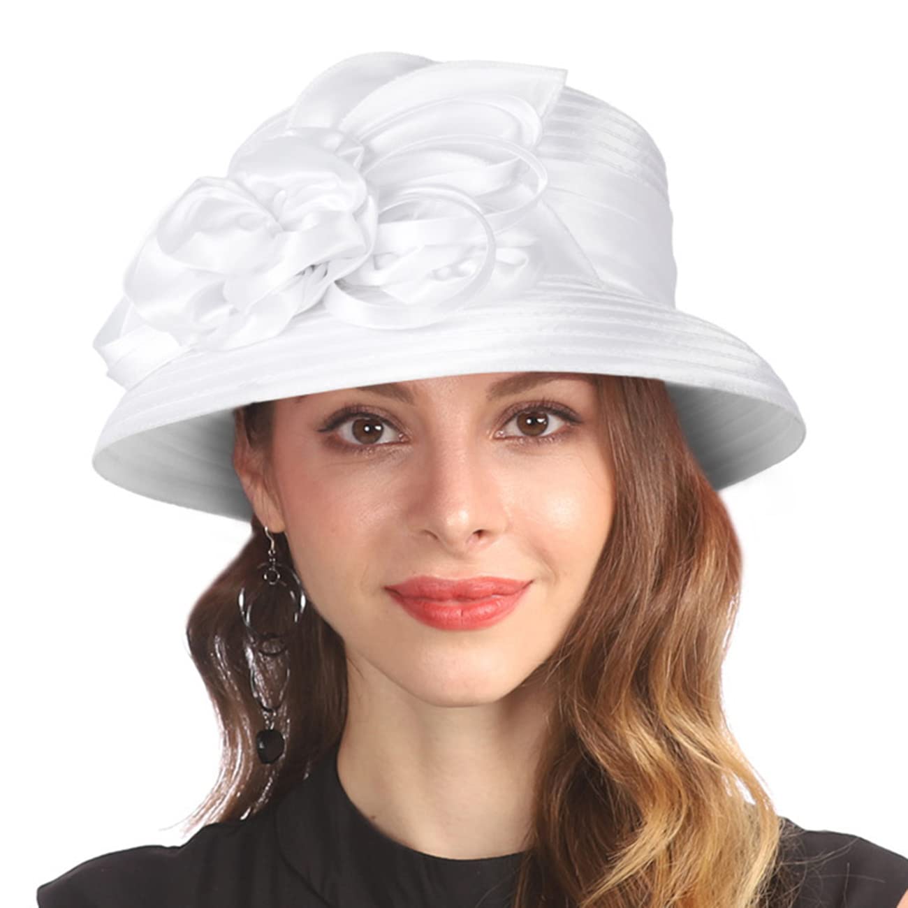 Derby Hat for Women Church Tea Party Kentucky Wedding Cloche Bowler Bucket Hats(White)