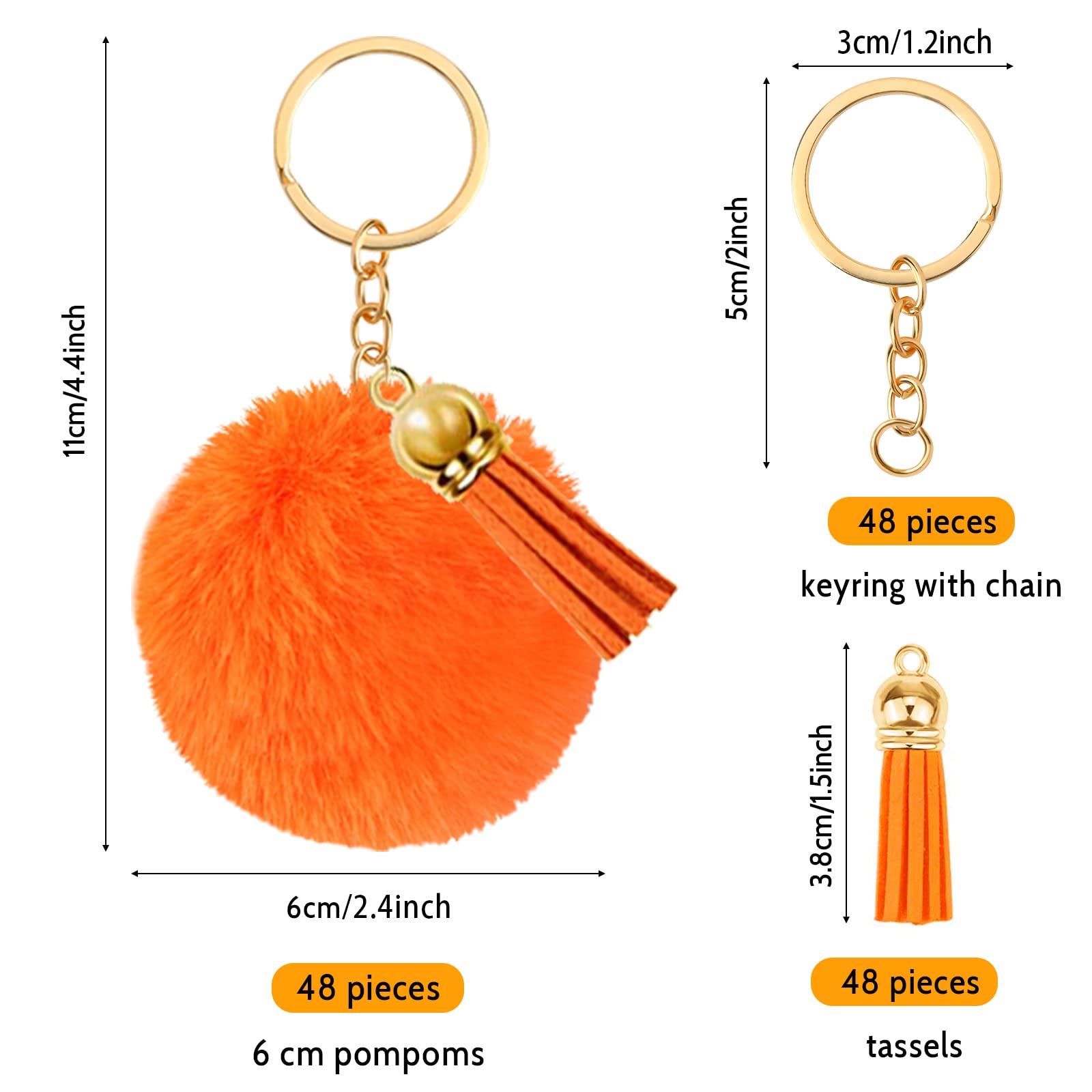 winee 48 pieces Pom Poms Keychains Bulk Puff Ball Keychain Fluffy Soft Artificial Faux Fur Puff Ball Keychain Accessories with Tassels and Keyrings for Women Girls