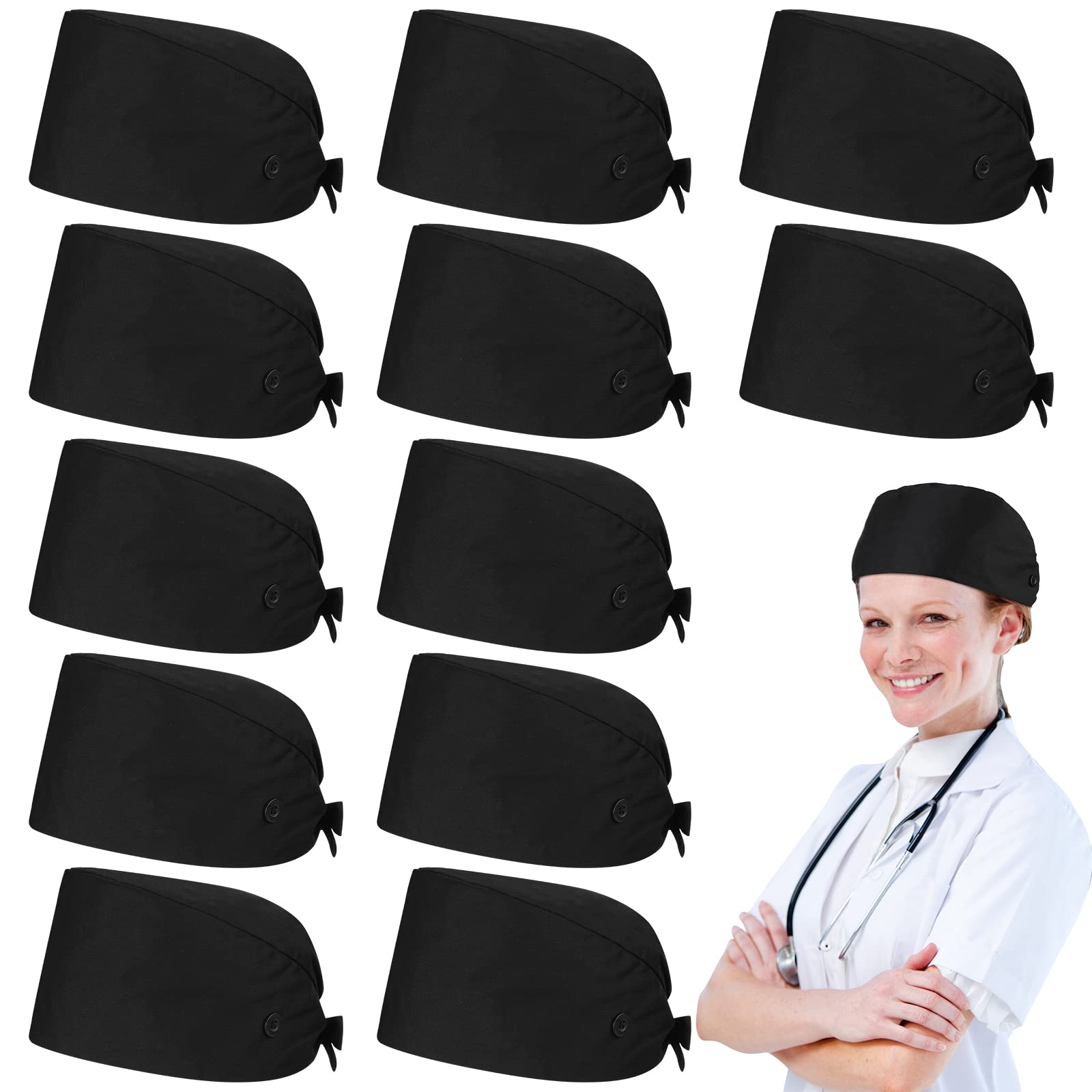 Yahenda 12 Pcs Surgical Working Caps Bulk with Button and Sweatband Adjustable Bouffant Hats Elastic Bandage Tie Back Nurse Scrub Cap for Women Men, Black