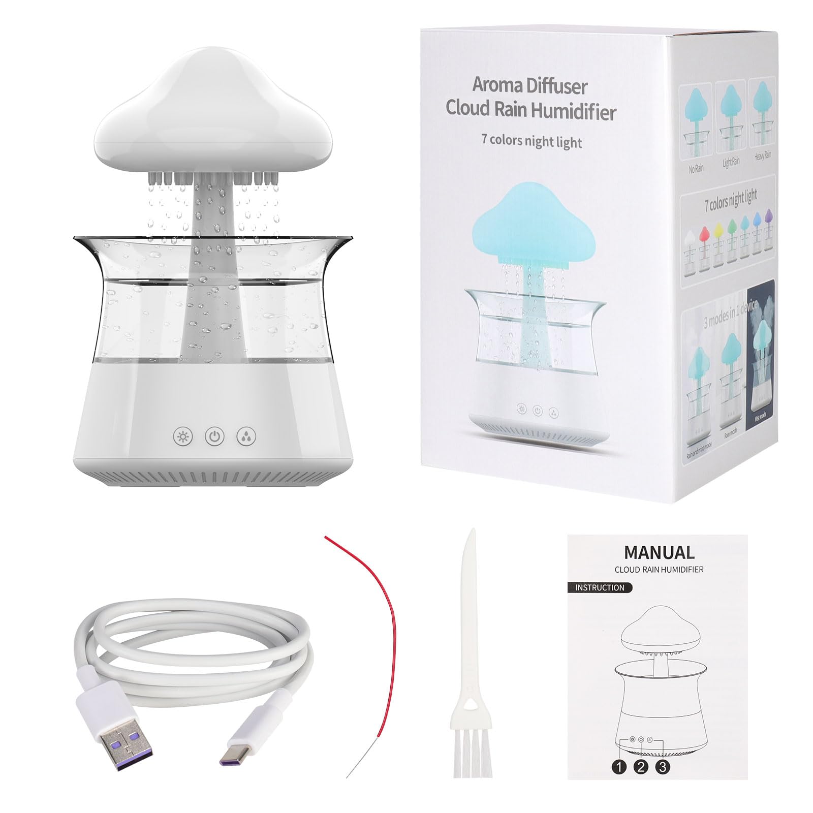 Cloud Rain Humidifier for Bedroom & Large Room Water Drip Humidifier with Remote Waterfall Lamp Mushroom Humidifier Rain Sounds White Noise Humidifier Air Humidifiers for Bedroom Desk (White)