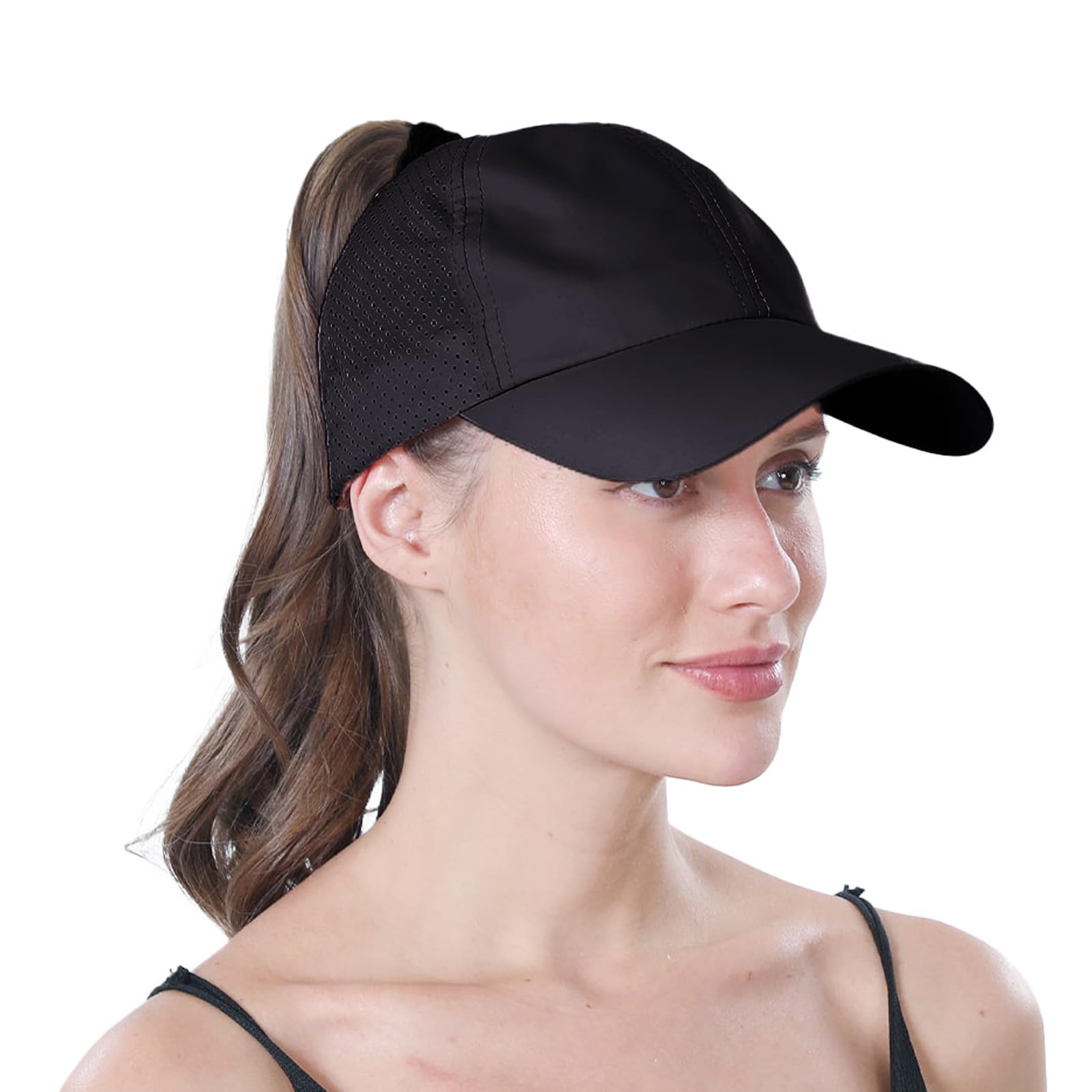 HADM Women Ponytail Backless Cap Mesh Curly Hair Baseball Cap Adjustable Running Hats Trucker Hat Quick Drying Hat Black