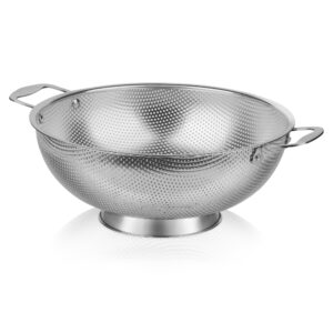 extra large 6-qt colander, 18/8 stainless steel mesh strainer for kitchen, food sieve with riveted handles and self-draining solid ring base, great for pasta, rice, vegetables and fruits