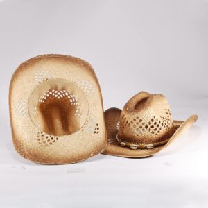 Straw Cowboy Cowgirl Hats for Women Men Summer Beach Sun Hat Panama Woven Straw Hat Wide Brim Western Cowboy Hat