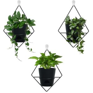 koalaime 3 sets of wall planters for indoor plants, hanging wall planter with black metal holder, geometric self watering wall flower pots, wall mounted succulent planter, 5" black plant pot