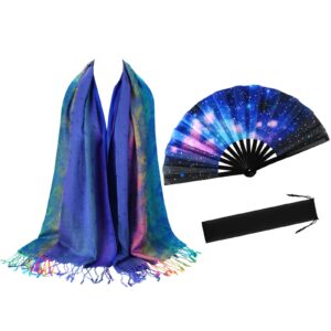 qunclay 2 pcs uv glow large rave hand fan with pashmina scarf for women colorful flowers jacquard shawl performance hand fan(cute)