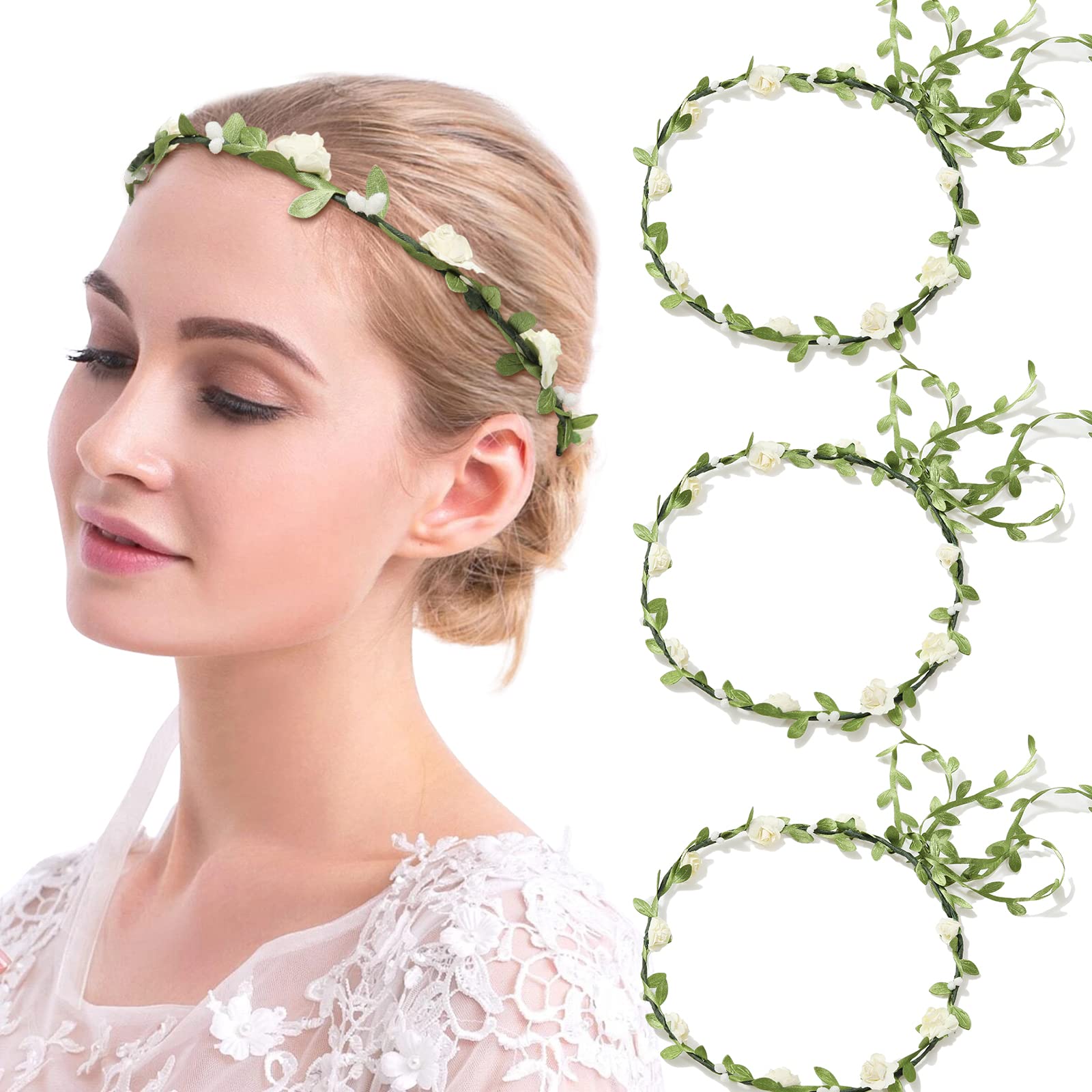 AWAYTR 3Pcs Flower Crown Floral Wreath Headband Fairy Floral Garland Bohemian for Women Girls Wedding Festival Party Vacation Photography Props (Cream white)