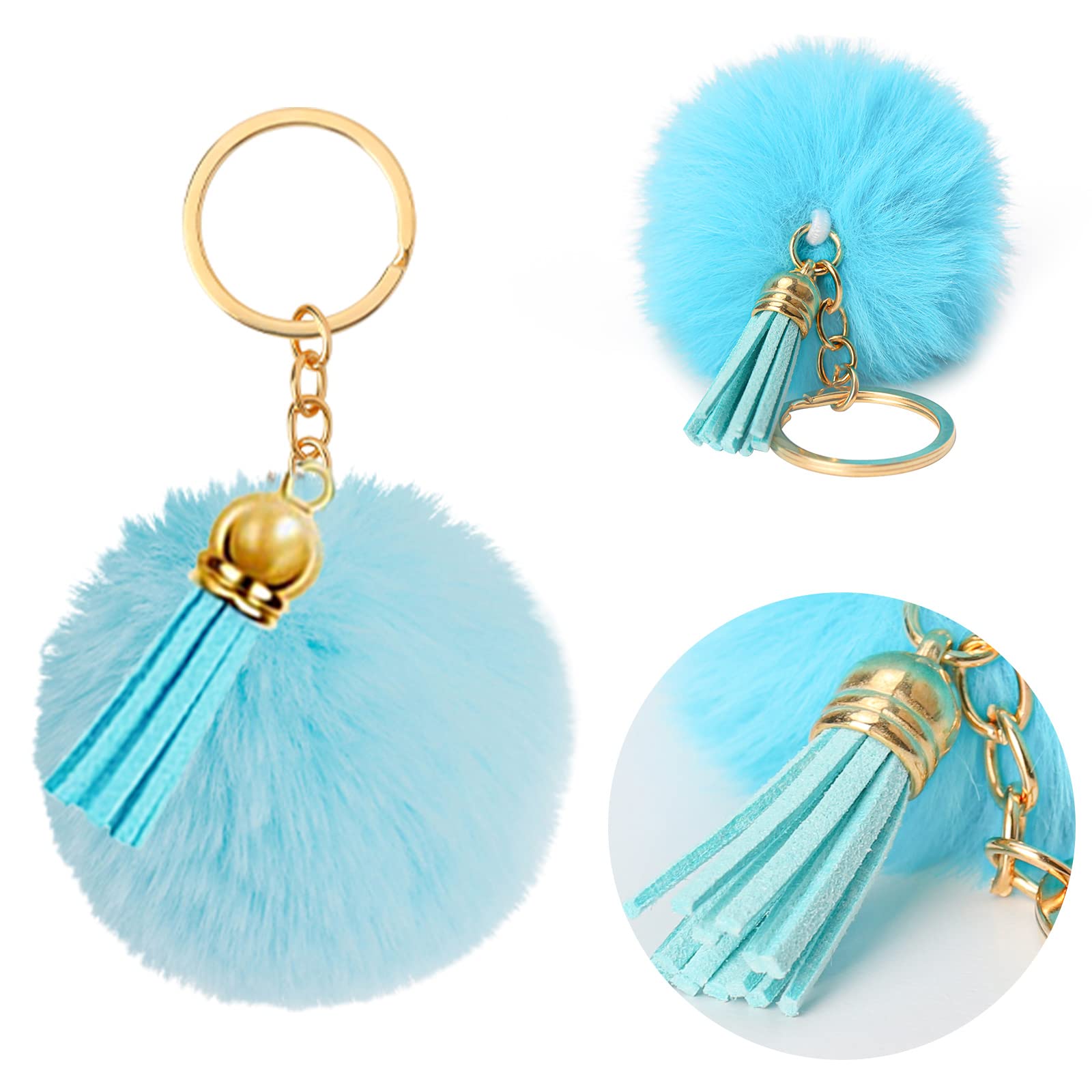 winee 48 pieces Pom Poms Keychains Bulk Puff Ball Keychain Fluffy Soft Artificial Faux Fur Puff Ball Keychain Accessories with Tassels and Keyrings for Women Girls