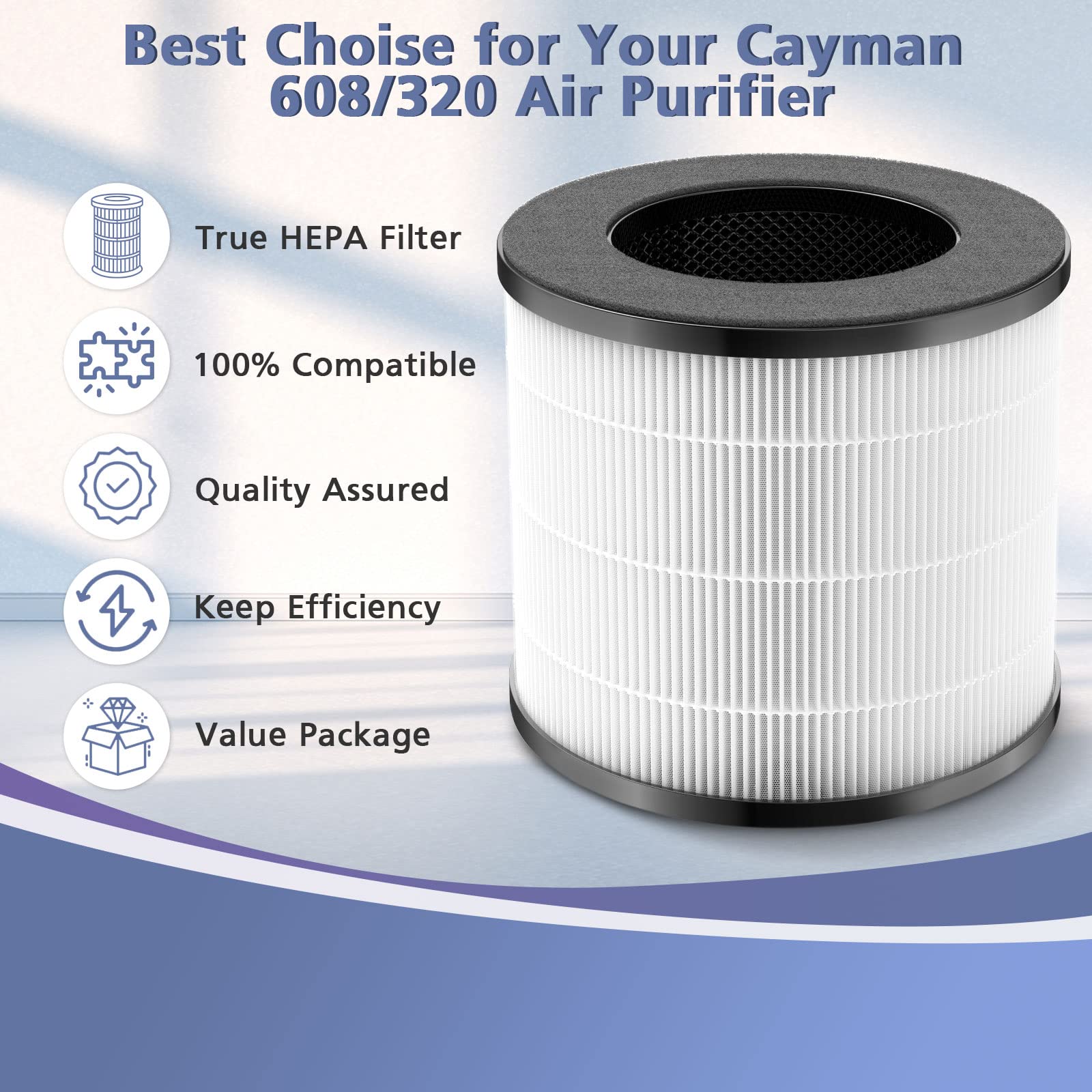 Cayman 608/320 Filter Compatible with Okaysou Cayman 608/320 Air Purifie-r, 3-in-1 True HEPA, High-Efficiency Activated Carbon, Pre-Filter for Cayman 608 & Cayman 320, 2 Pack