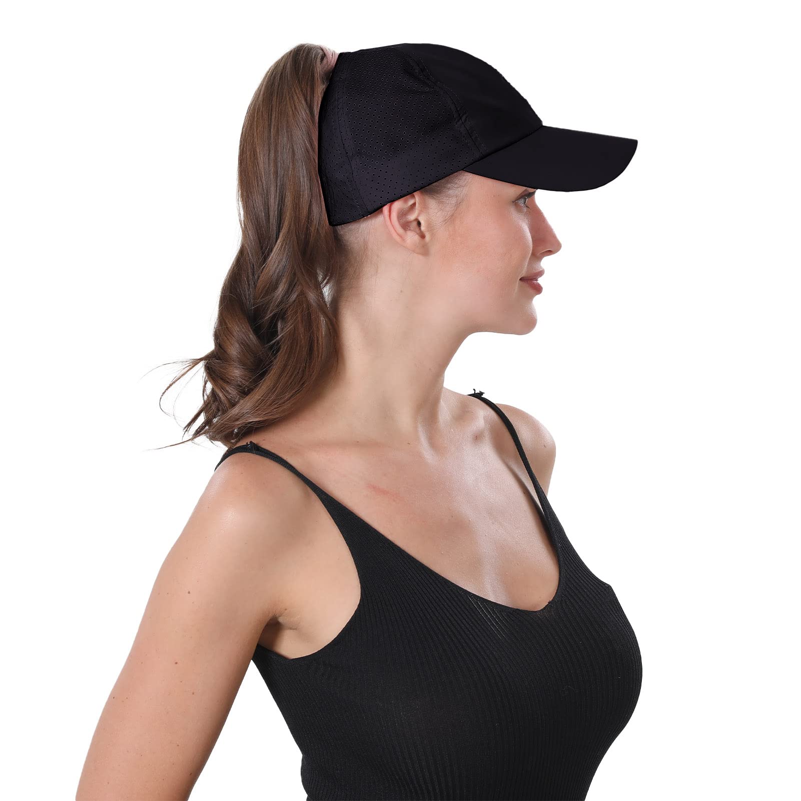 BUTITNOW New Upgraded Women Backless Baseball Cap High Ponytail Snapback Curl Caps Adjustable High Messy Bun Ponycap Black