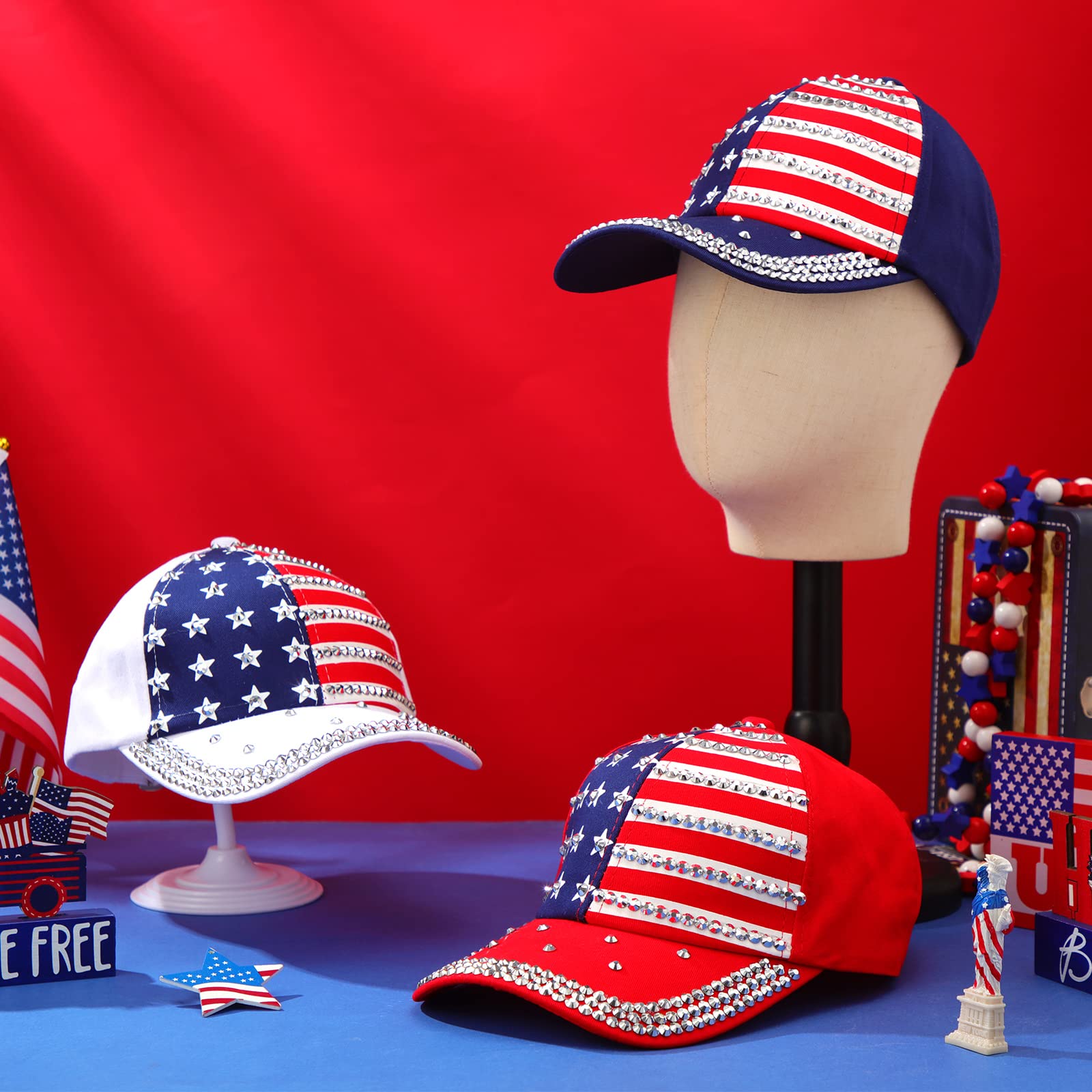 Hercicy 3 Pcs USA Bling Baseball Hat American Flag Caps Adjustable Patriotic Caps for Men Women