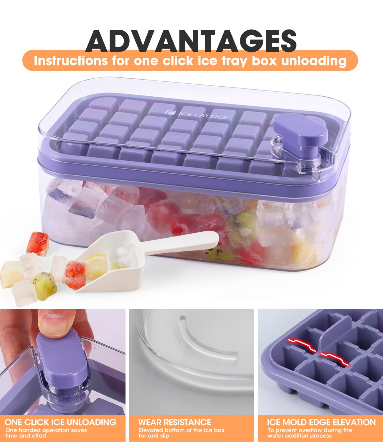 Ice Cube Trays with LId and Bin, Easy Release Ice Trays for Freezer, 2 Pack Ice Cube Molds, 64 Pcs Ice Cube Tray, Large Capacity Ice Tray Holder, Includes Ice Tong, Ice Spoon, for Whiskey, Cocktail.