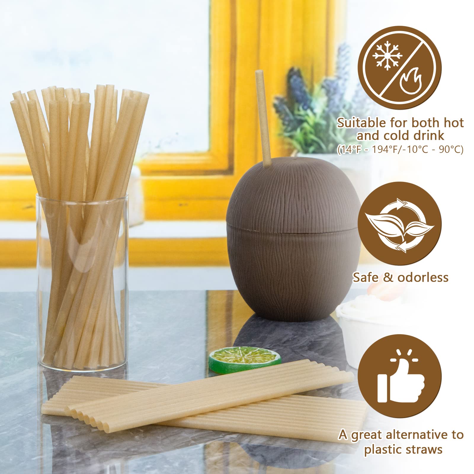 HANSGO Sugarcane Straws, 200PCS Drink Straws Disposable Plastic-Free Straws for Hot Cold Drinks