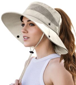 sun hat with high ponytail hole for women, upf 50+ uv protection safari hiking wide brim foldable waterproof beach bucket hat beige