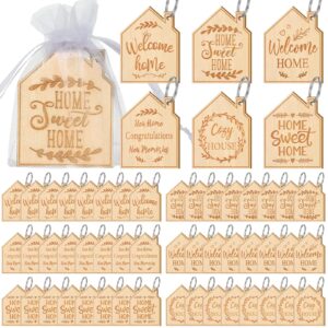 yinkin 48 pcs new home keychain bulk welcome home wood house keychain cute home keychain new home key ring decoration with organza bags for real estate gifts family client home buyer customer