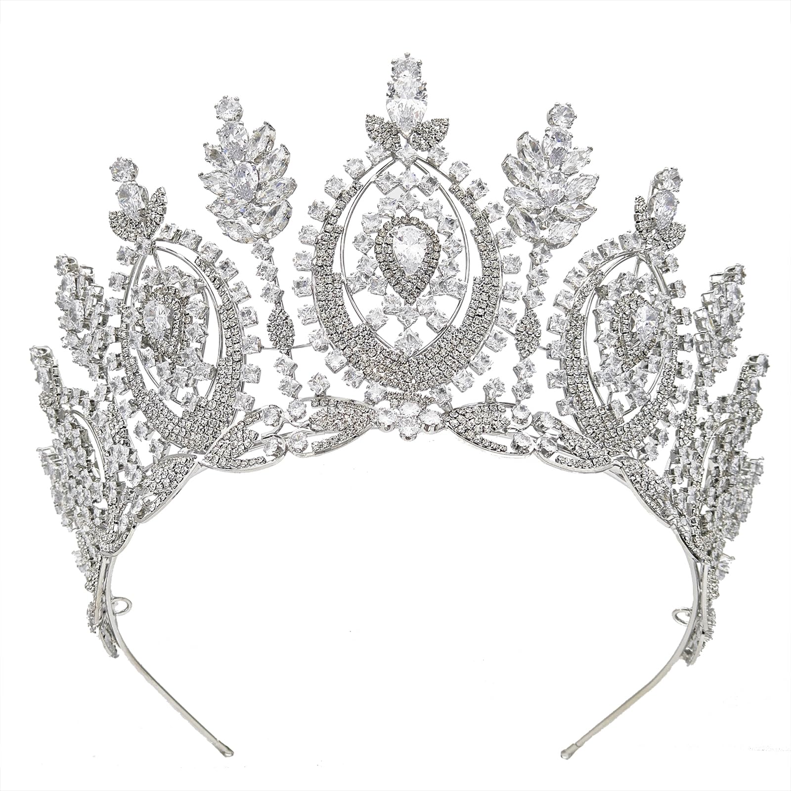 Tall Royal Queen Crown Silver Cubic Zirconia Large Wedding Tiara for Bride Prom Quinceanera Pageant Princess Headpieces Birthday Party CZ Bridal Hair Accessories