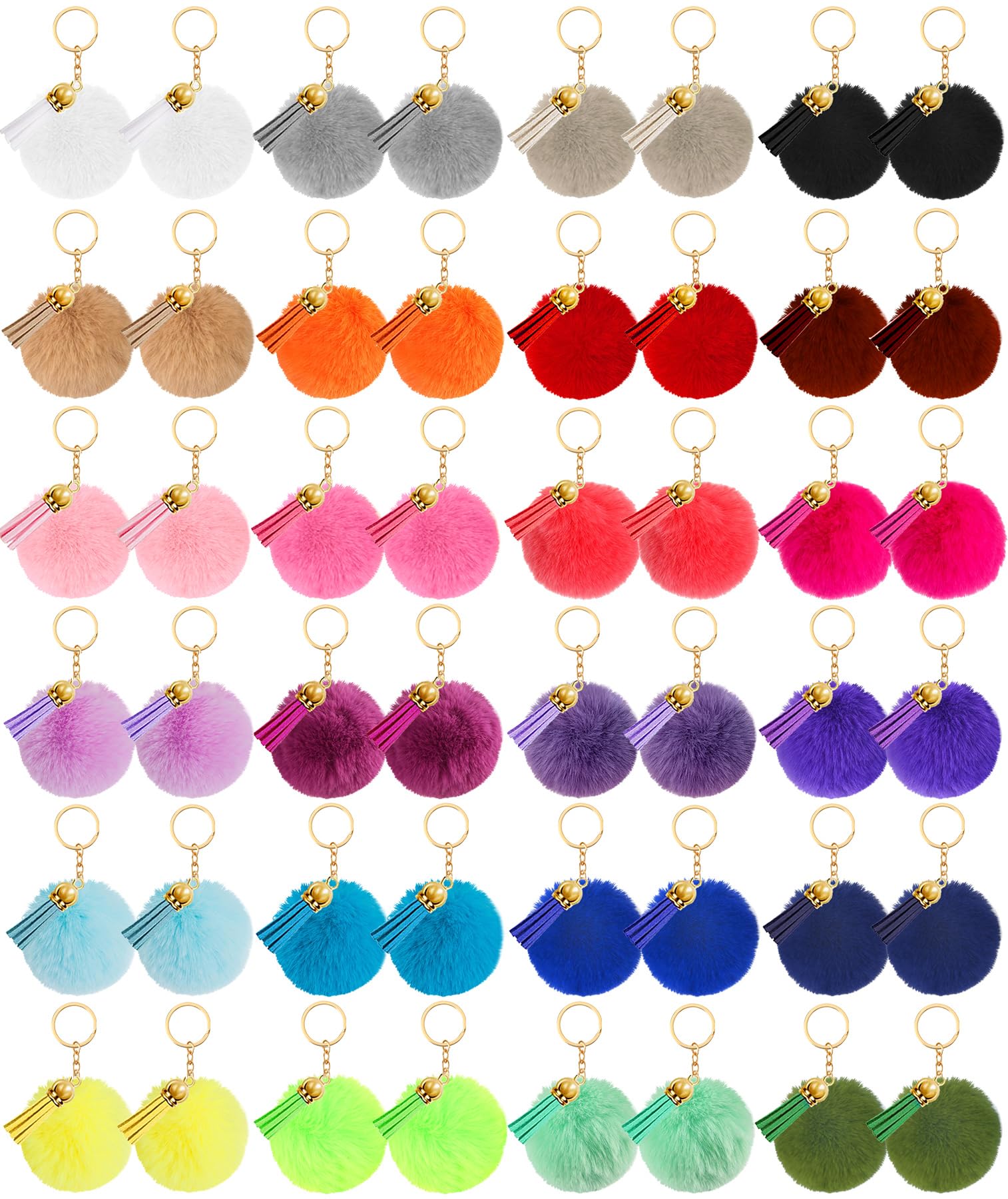 winee 48 pieces Pom Poms Keychains Bulk Puff Ball Keychain Fluffy Soft Artificial Faux Fur Puff Ball Keychain Accessories with Tassels and Keyrings for Women Girls