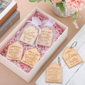 Yinkin 48 Pcs New Home Keychain Bulk Welcome Home Wood House Keychain Cute Home Keychain New Home Key Ring Decoration with Organza Bags for Real Estate Gifts Family Client Home Buyer Customer