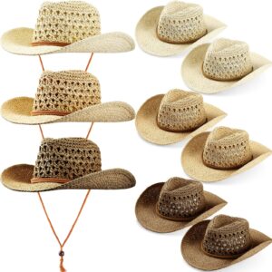 newcotte 9 pack straw cowboy hats for women western cowgirl hat bulk beach sun hat with windproof rope for party travel (khaki, beige, coffee)