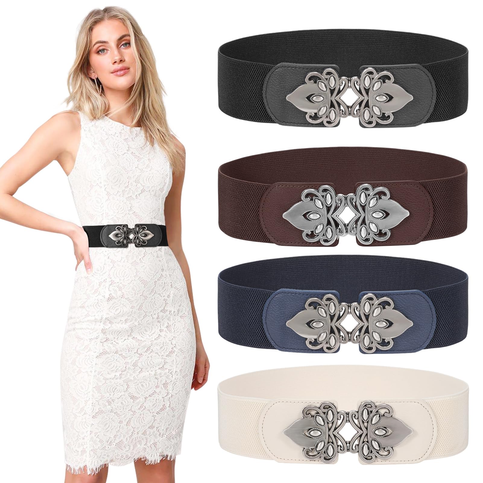 LEACOOLKEY 4 Pack Women Wide Elastic Waist Belt for Dress Vintage Stretch Cinch Belt Retro Buckle