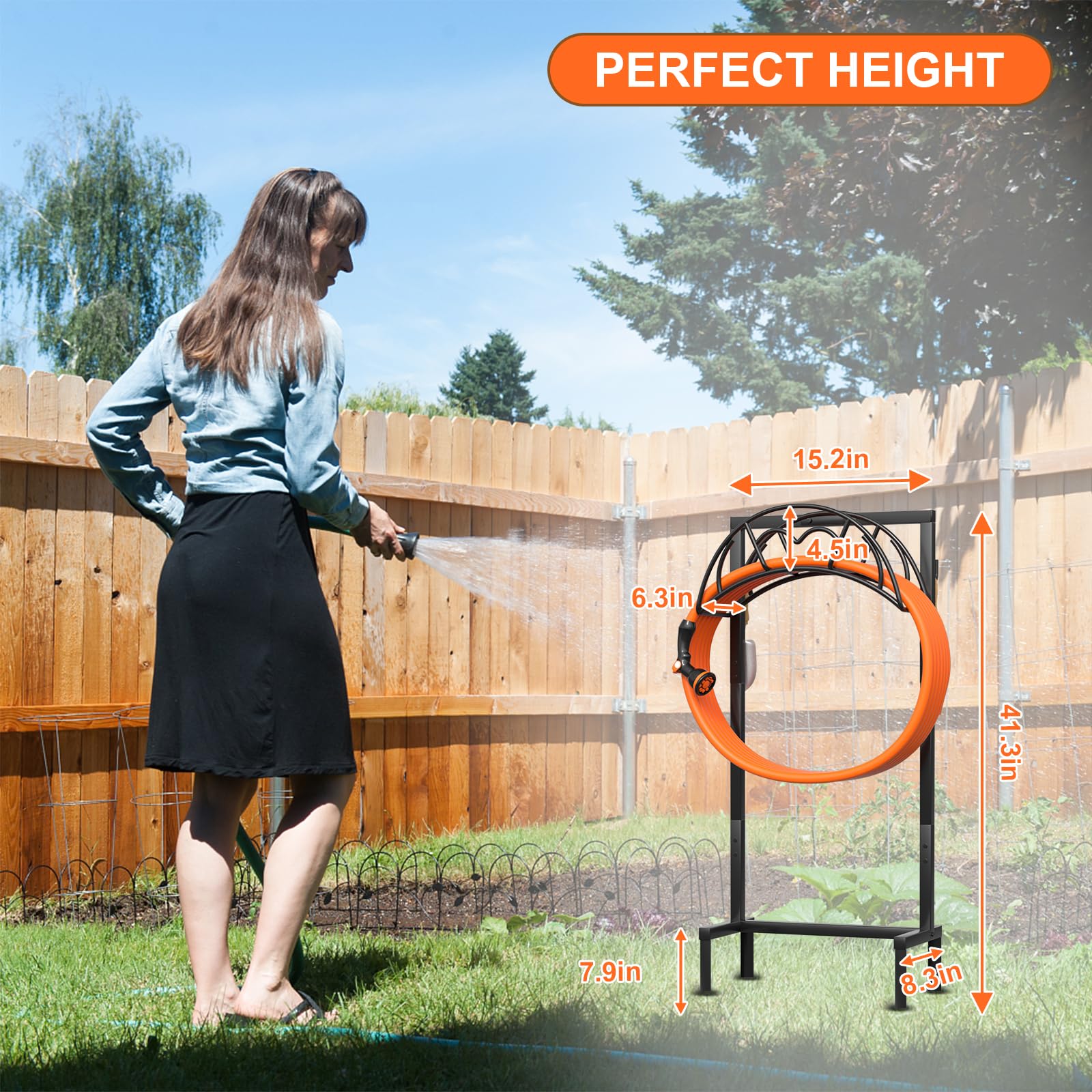 VyGrow Garden Hose Holder, Freestanding Heavy Duty Water Hose Holder for Outside, Upgraded Metal Hose Stand with 4 Spikes, Detachable Garden Hose Storage Hose Reel Rack, Black