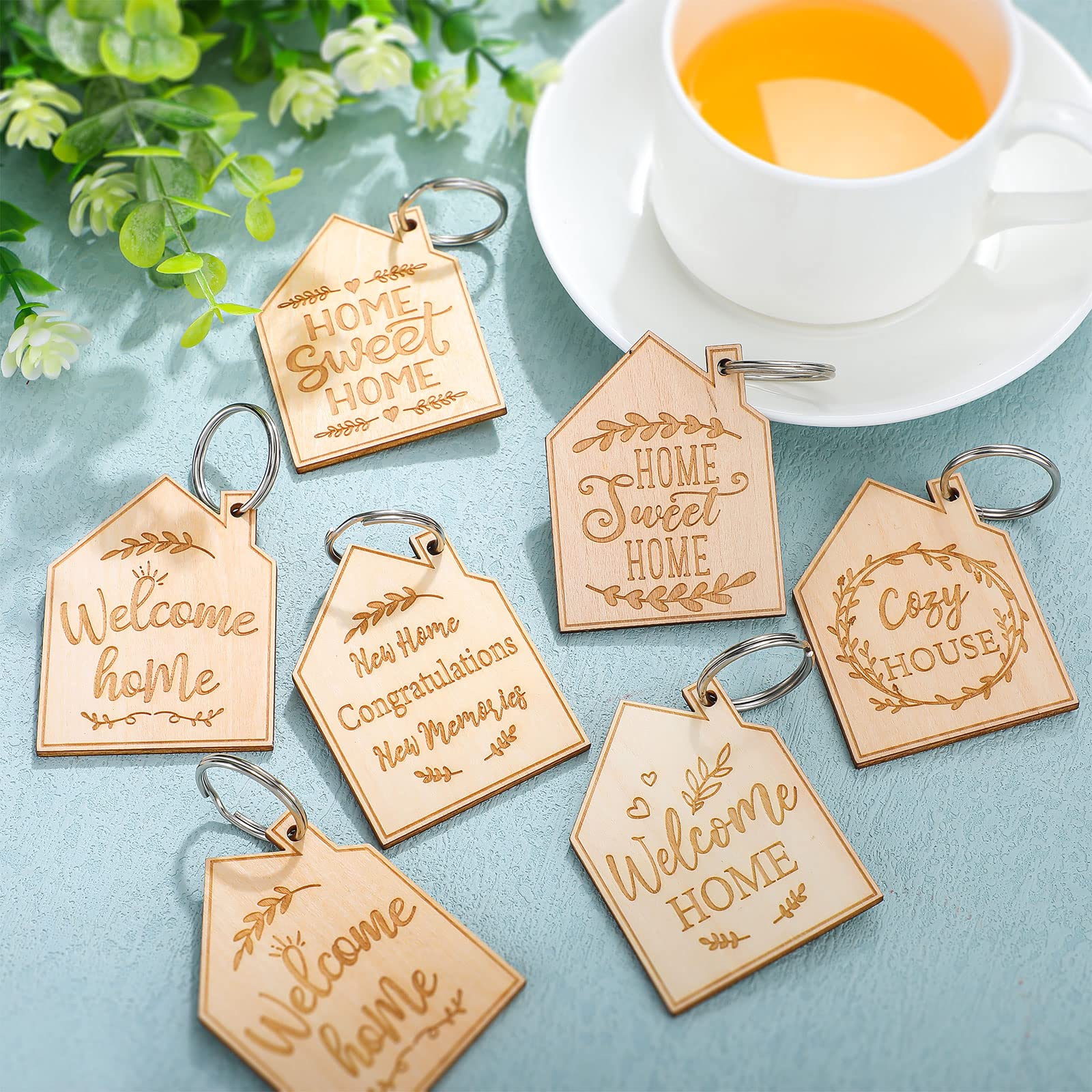 Yinkin 48 Pcs New Home Keychain Bulk Welcome Home Wood House Keychain Cute Home Keychain New Home Key Ring Decoration with Organza Bags for Real Estate Gifts Family Client Home Buyer Customer