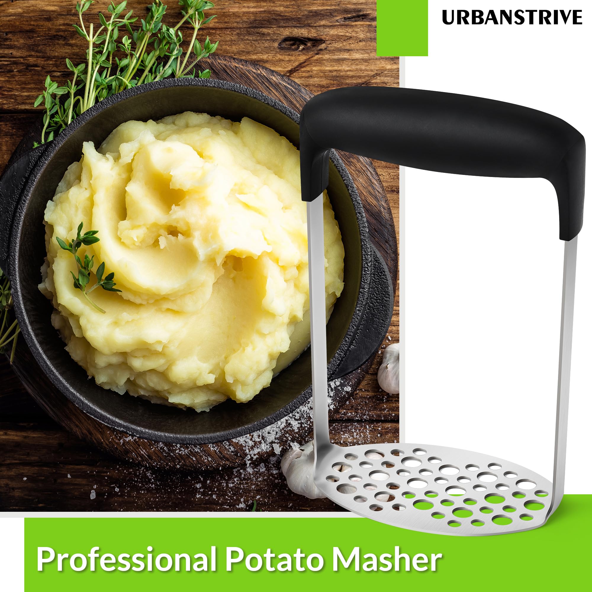 Urbanstrive Smooth Mash Potato Masher Stainless Steel, Durable Mashed Potatoes Masher Kitchen Tool, Easy-to-Clean, Soft Non-slip Handle, Kitchen Utensils, Kitchen Gadgets, Black