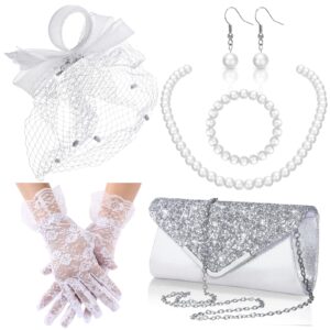 estune 6 pcs tea party hat and gloves set for women white fascinator hats lace gloves pearl jewelry set silver clutch purses for evening wedding cocktail 1920s costume accessories christmas jewelry