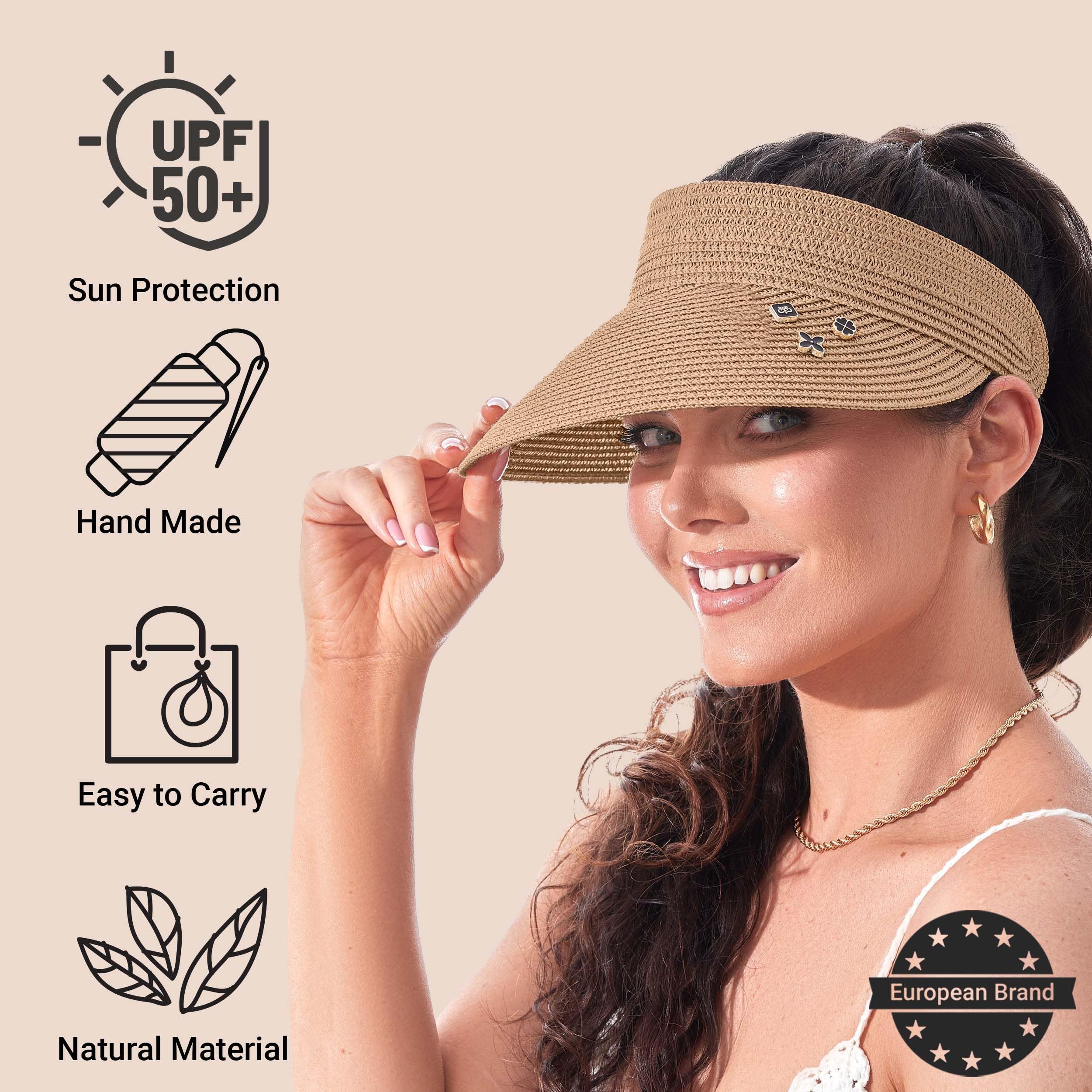 Straw Visor Hats for Women Foldable Womens Beach Sun Hat Wide Brim Roll Up Visors Summer Ponytail Packable Travel Sunhat (Straw, Khaki)