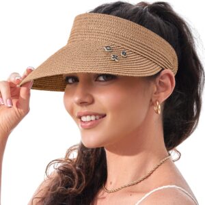 straw visor hats for women foldable womens beach sun hat wide brim roll up visors summer ponytail packable travel sunhat (straw, khaki)