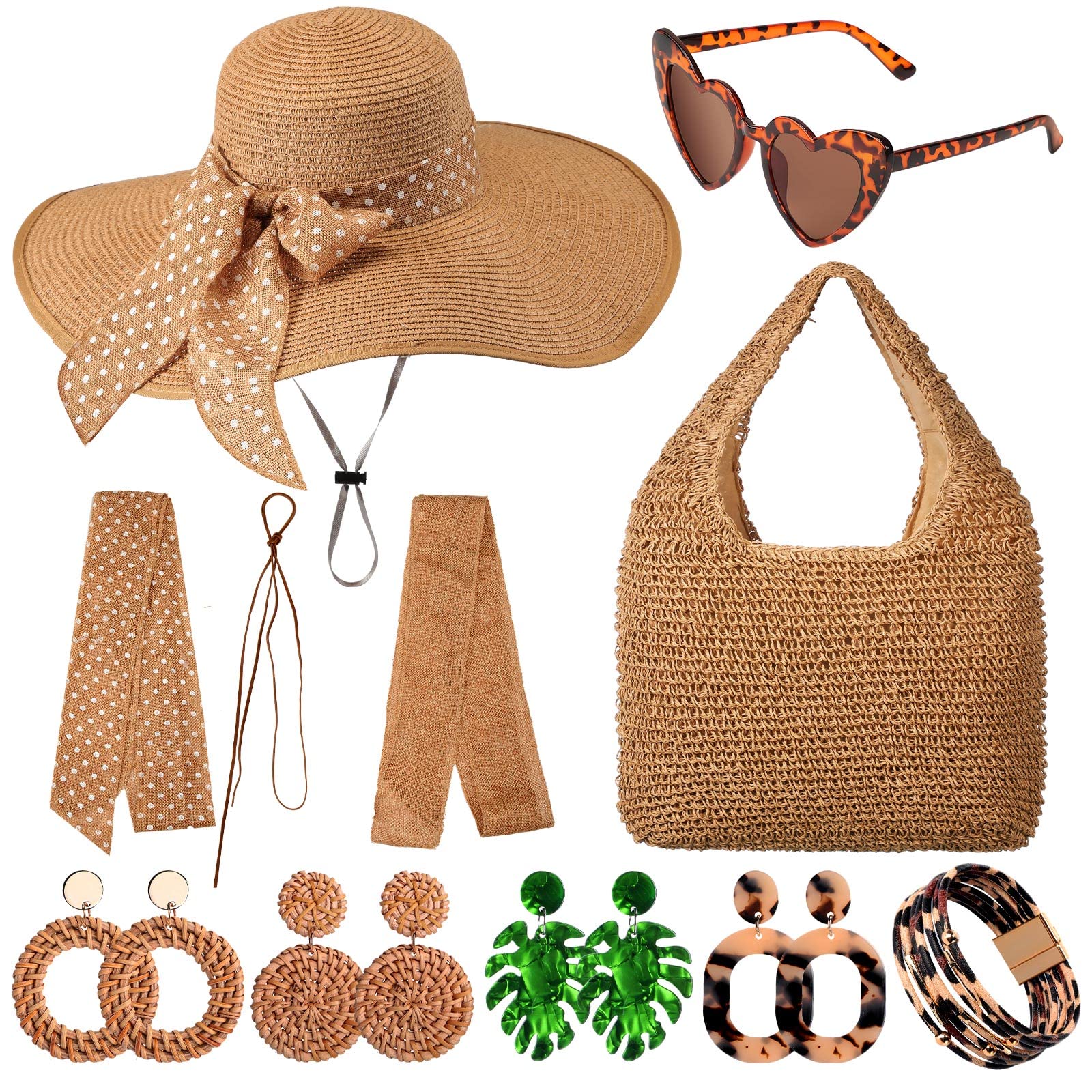 15 Pcs Women Straw Beach Hat and Straw Bag and Boho Hoop Drop Dangle Earrings Summer Sunglasses for Bohemia Women Beach Jewelry Sets