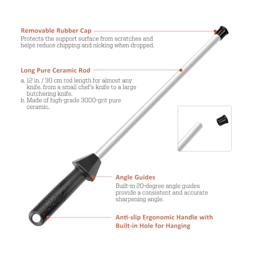 Sharpeak Total L.17.5-Inch/Rod L.12-Inch 3000-Grit Ceramic Sharpening Steel with Built-In Angle Guides and Anti-Breaking Cap, Sharpening Rod, Knife Steel, Ceramic Honing rod, Chaira Afilador Cuchillos