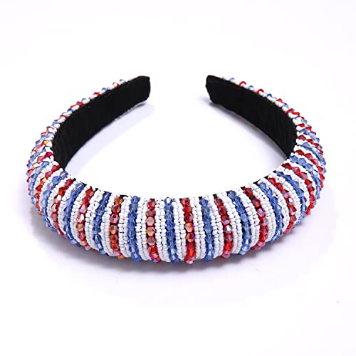 NVENF 4th of July Headbands for Women Red Blue White Crystal Rhinestone Padded Headbands American Flag Patriotic Headbands 4th of July Hair Accessory Gifts (Flag Color)