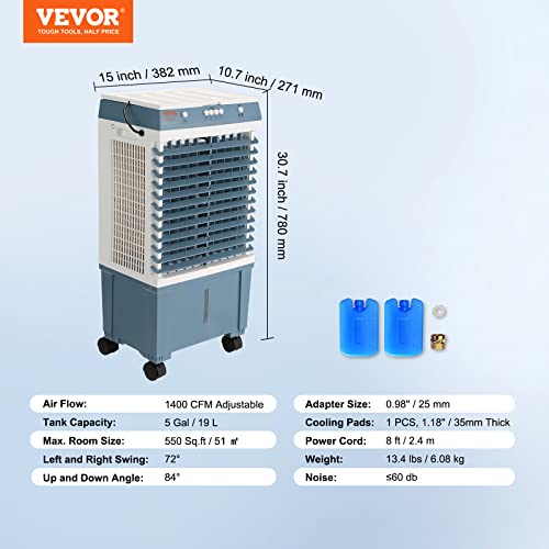 VEVOR Evaporative Air Cooler,100W 1400CFM Swamp Cooler with 5 Gallon Water Tank,Humidifying,3 Modes & Speeds Portable 3-IN-1 Cooling Fan,Energy-Saved Air Cooler for 550 Sq.Ft Indoor or Outdoor