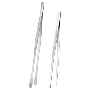 mojotory 2pcs kitchen tweezers tongs, cooking tweezers, chef tweezers tongs for cooking, long handle food tweezers for plating, stainless steel culinary tweezers (12"round tip + 8"point tip sets)