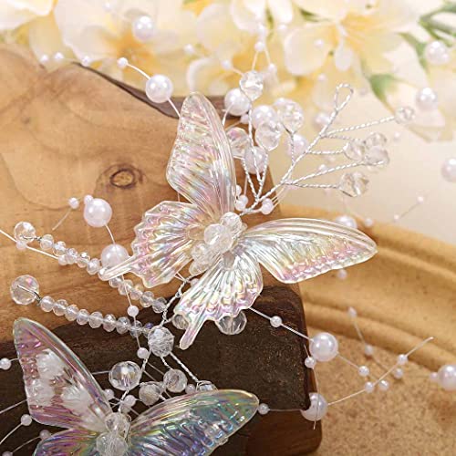 CASDRE Butterflies Bride Wedding Hair Vine Silver Pearl Bridal Headband Rhinestone Headpiece Hair Accessories for Women and Girls