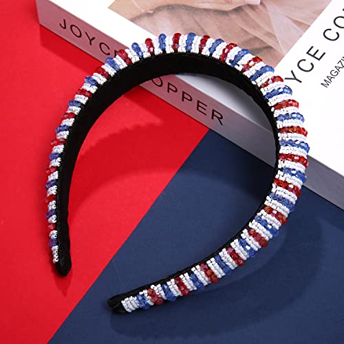 NVENF 4th of July Headbands for Women Red Blue White Crystal Rhinestone Padded Headbands American Flag Patriotic Headbands 4th of July Hair Accessory Gifts (Flag Color)